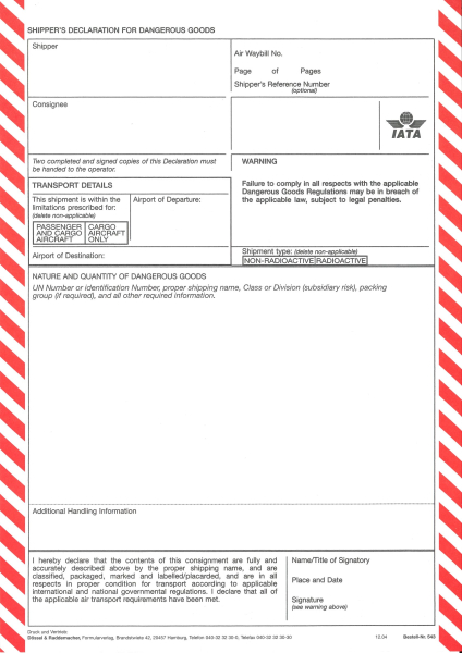 IATA Shipper's Declaration for Dangerous Goods - Gefahrgutaufkleber ...